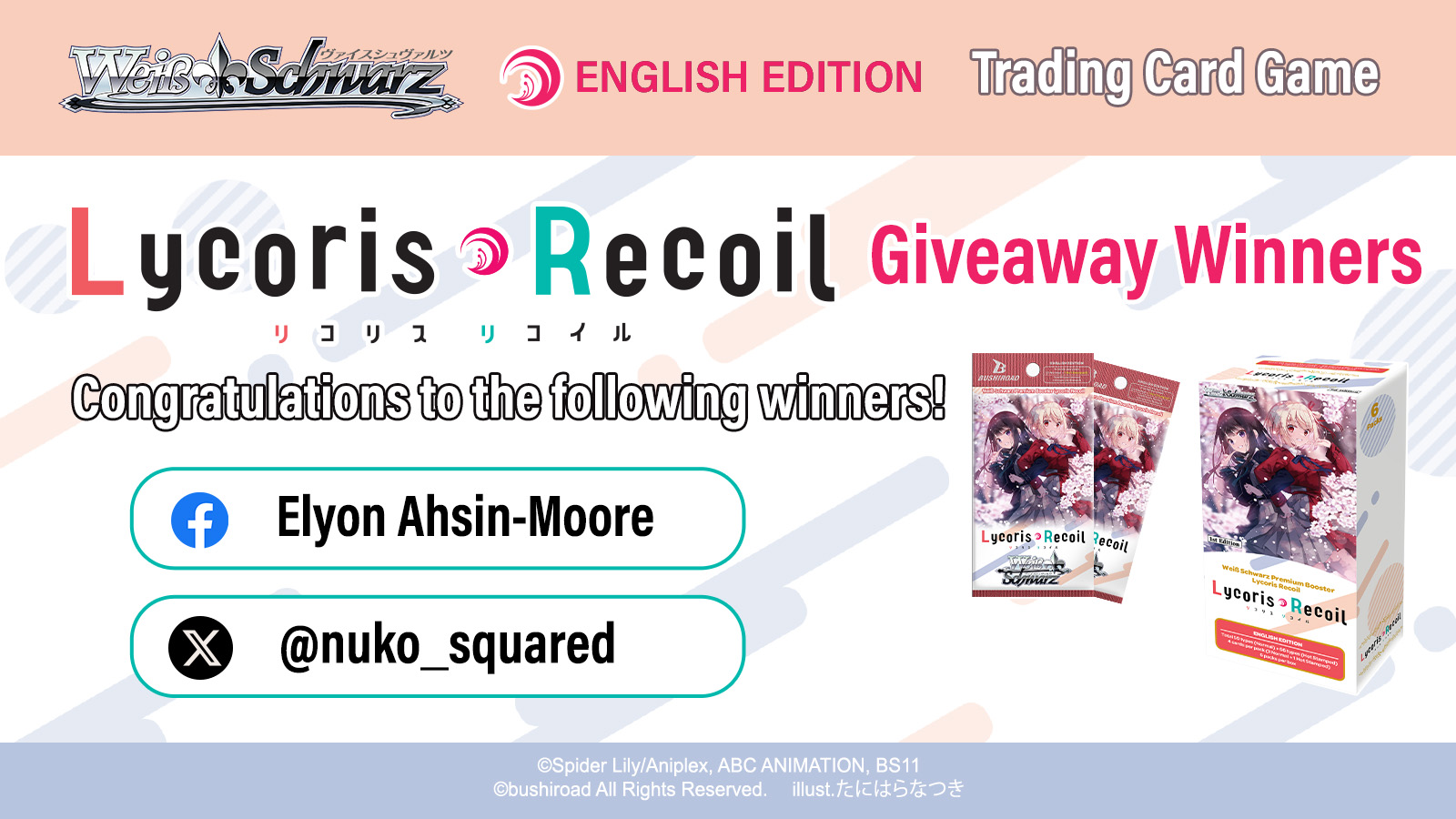【Giveaway】Premium Booster Lycoris Recoil Giveaway Winners | NEWS | Weiß Schwarz